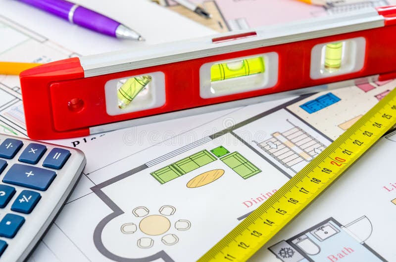 Architectural Project with Level and Ruler. Stock Photo - Image of ...