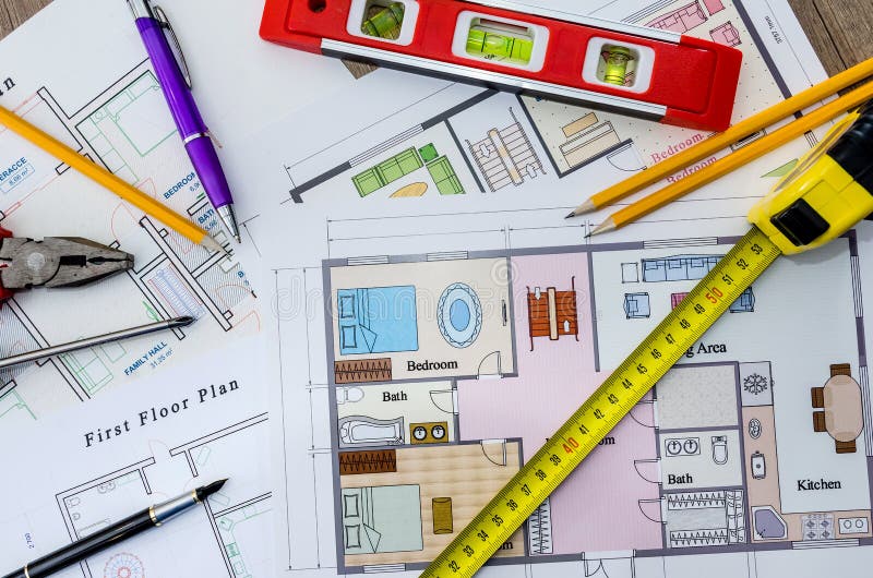 Architectural Project with Level and Ruler Stock Photo - Image of ...