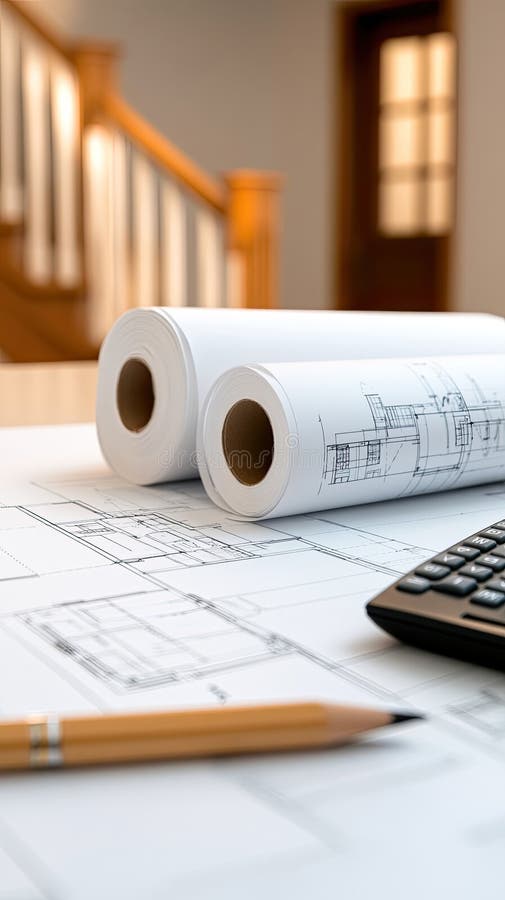 Architectural Project Materials Laid on a Table at a Construction Site ...