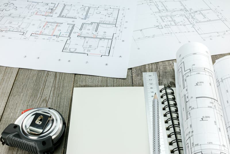 Architectural Project with Notepad and Tools on Gray Wooden Desk Stock ...