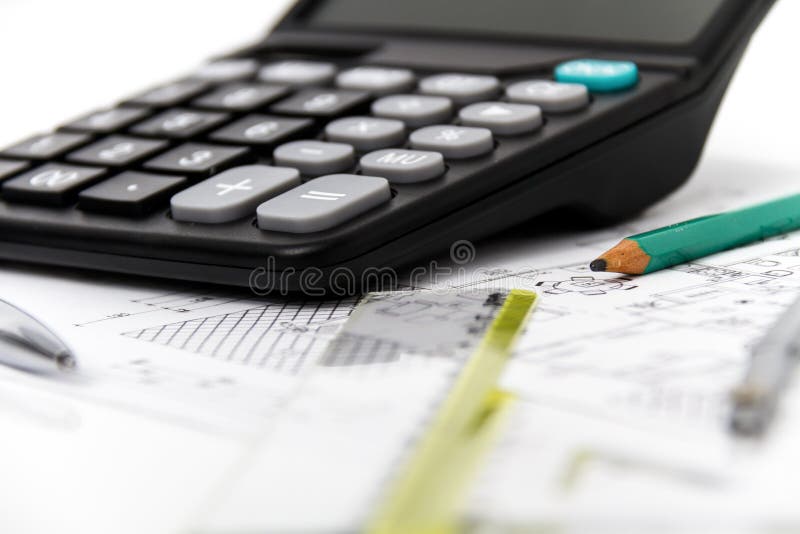 Architectural Project, Pair of Compasses, Rulers and Calculator Stock ...