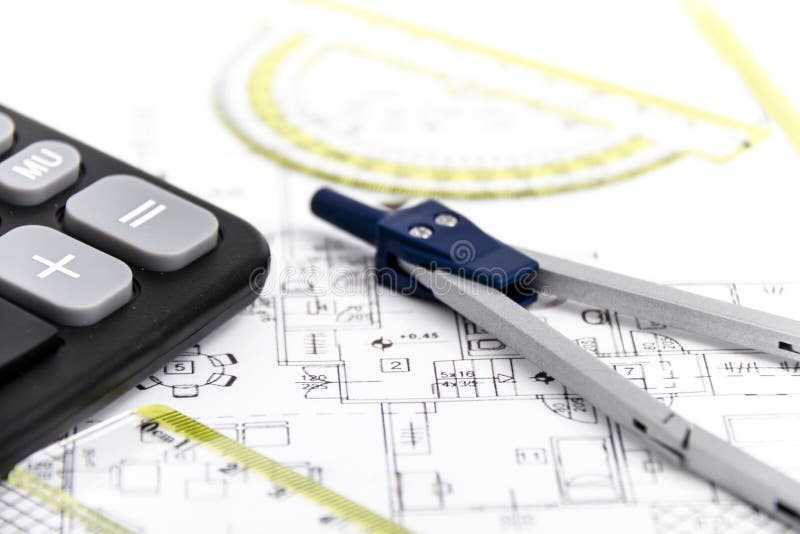 Architectural Project, Pair of Compasses, Rulers and Calculator Stock ...