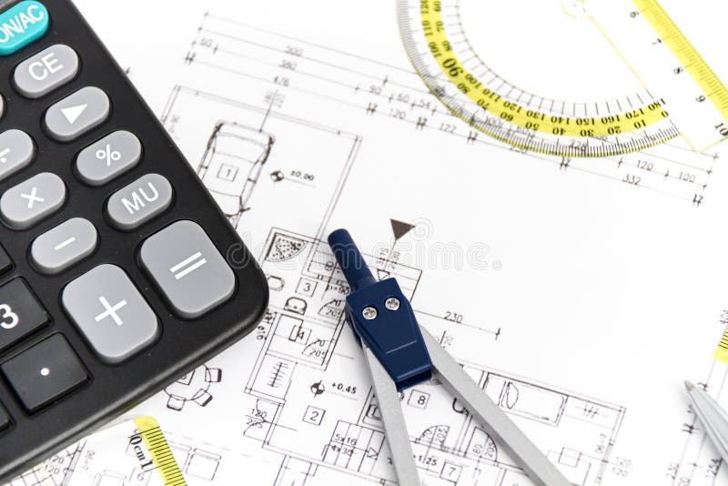 Architectural Project, Pair of Compasses, Rulers and Calculator Stock ...