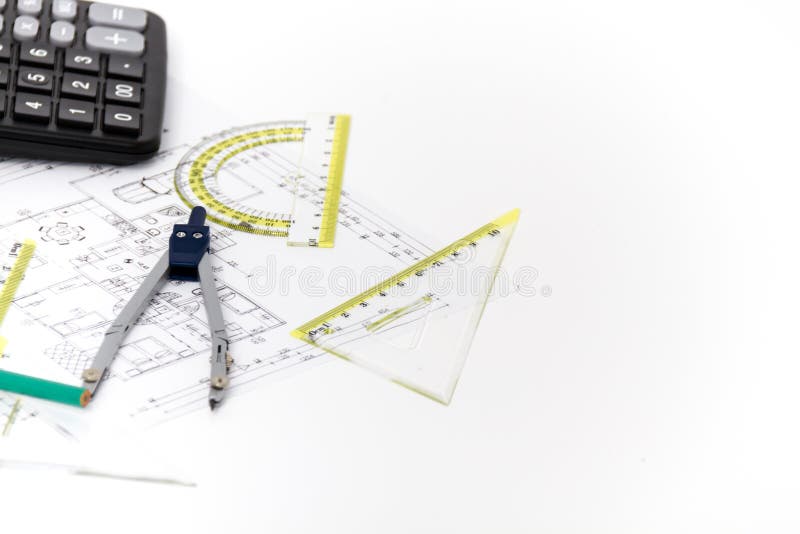 Architectural Project, Pair of Compasses, Rulers and Calculator Stock ...