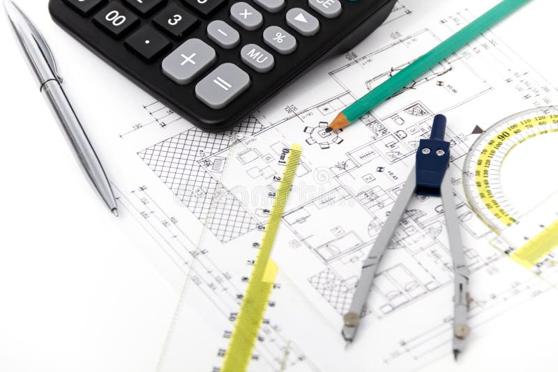 Architectural Project, Pair of Compasses, Rulers and Calculator Stock ...