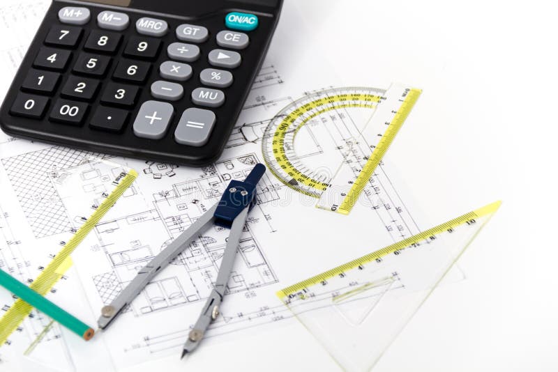 Architectural Project, Pair of Compasses, Rulers and Calculator Stock ...