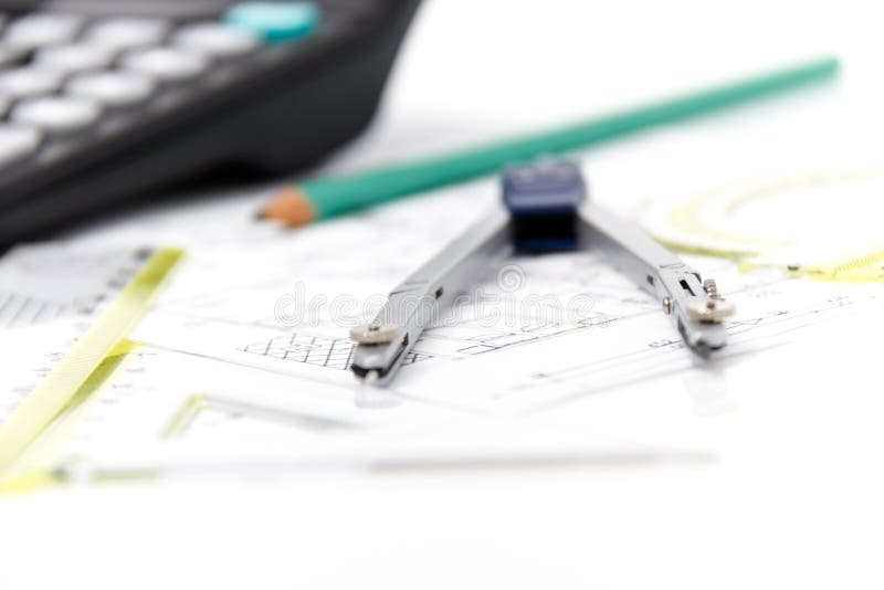 Architectural Project, Pair of Compasses, Rulers and Calculator Stock ...