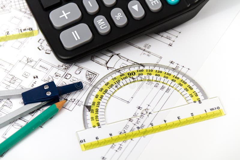Architectural Project, Pair of Compasses, Rulers and Calculator Stock ...