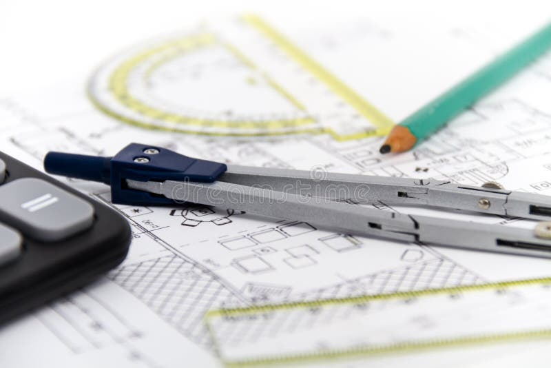 Architectural Project, Pair of Compasses, Rulers and Calculator Stock ...