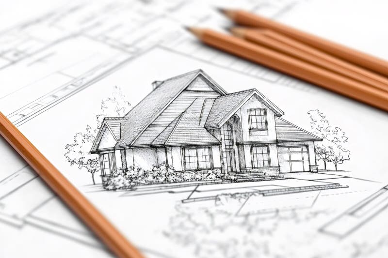 Architectural Project Showing House Sketch and Pencils on Blueprint ...