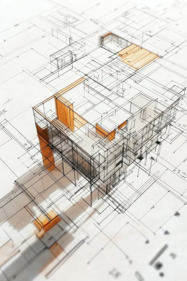 Architectural Project Showing Transparent 3d Model Over Blueprint Stock ...