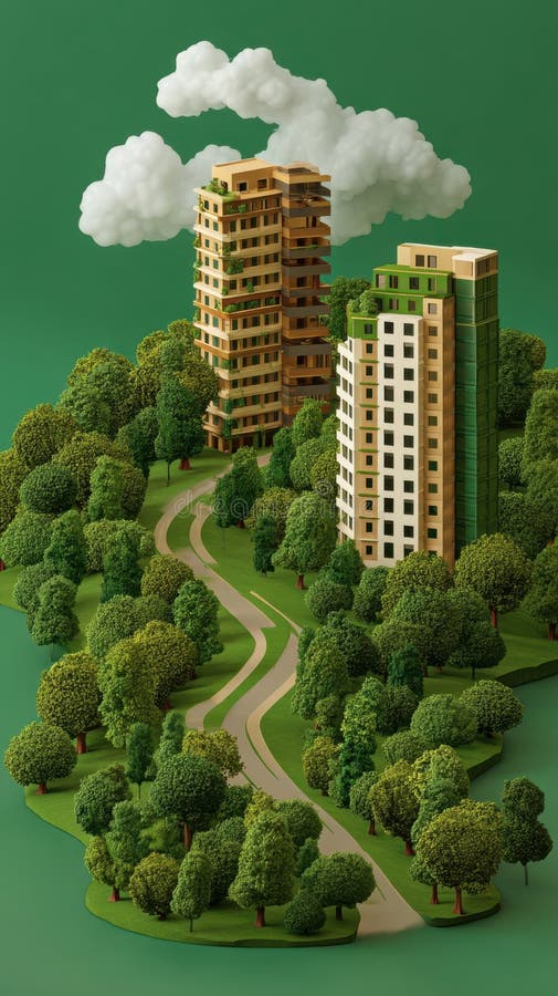 Architectural Render of Sustainable Buildings Surrounded by Lush Green ...
