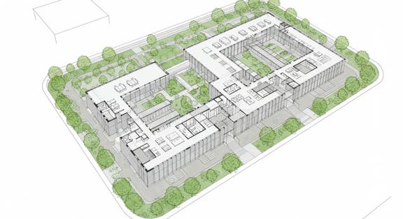 Architectural Rendering of a Building Complex, Featuring a Large ...