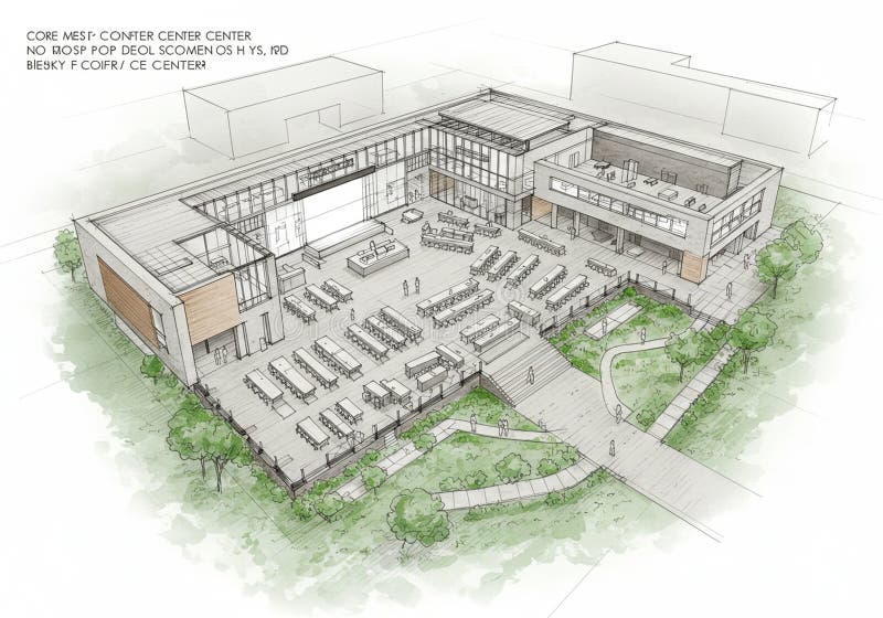 Architectural Rendering of a Conference Center Featuring a Modern, Rectangular Design Stock ...