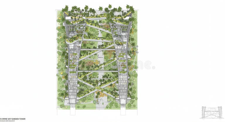Architectural Rendering of a Dual-tower Structure, Featuring Lush ...