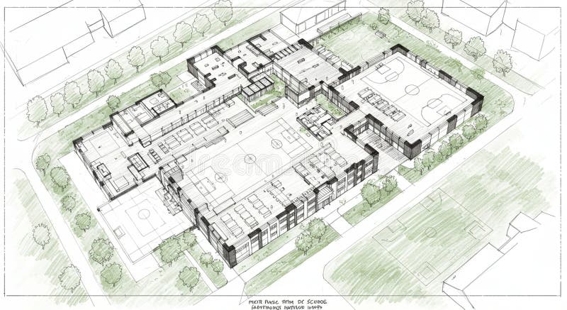 Architectural Rendering of an Educational Facility Layout, Featuring a ...