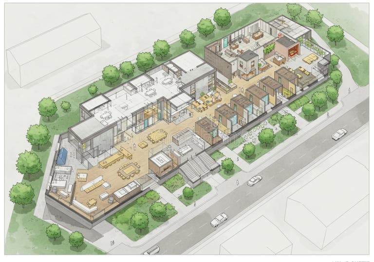 An Architectural Rendering of a Modern Building Featuring Flat Roofs ...