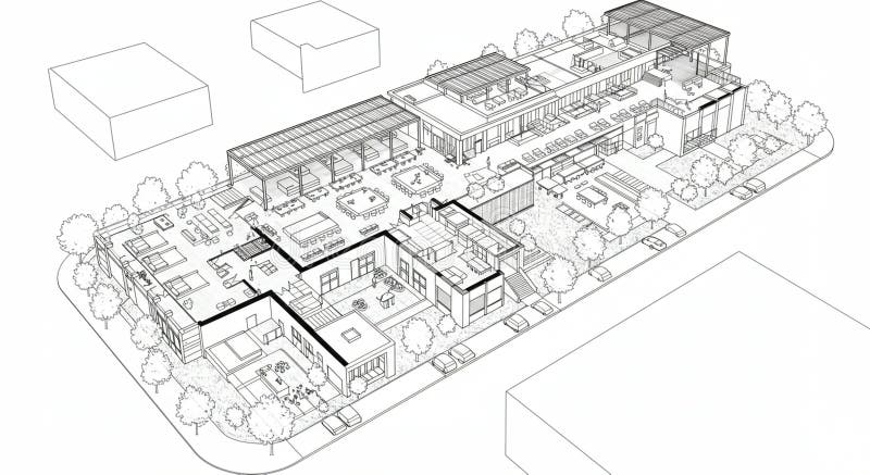 An Architectural Rendering of a Modern Complex, Featuring Multiple ...