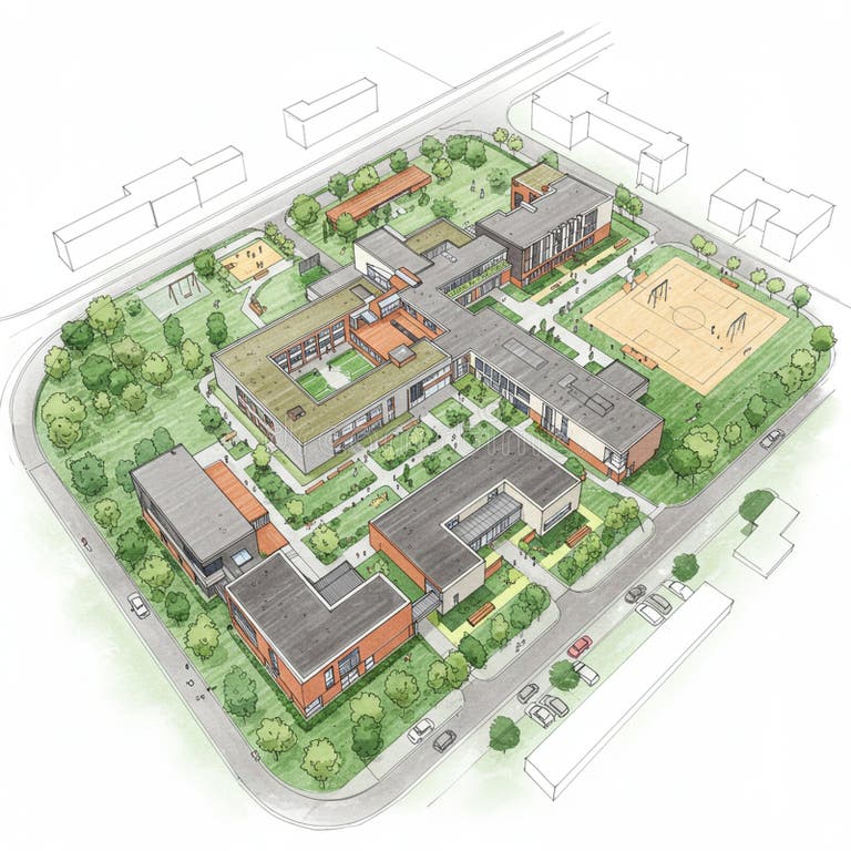 An Architectural Rendering of a Modern Educational Campus with Multiple ...