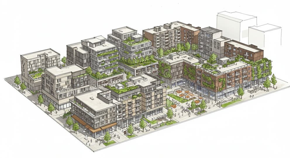 Architectural Rendering of a Modern, Mixed-use Urban Development ...