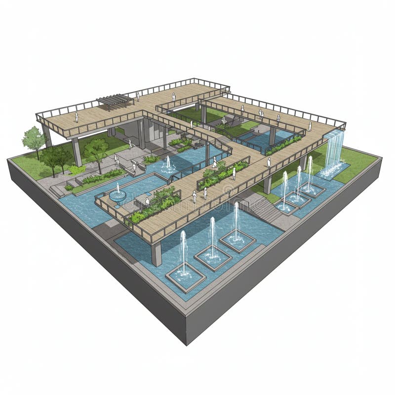 An Architectural Rendering of a Multi-level Park with a Wooden Walkway ...