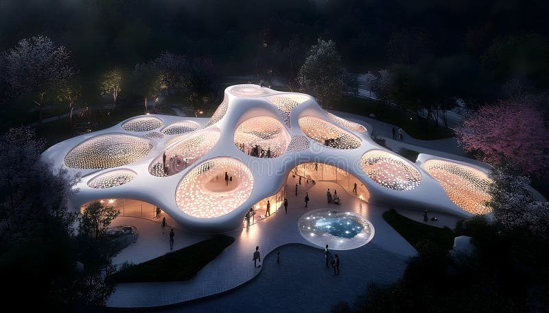 Nighttime Biomorphic Building Stock Photo - Image of computer, interior ...