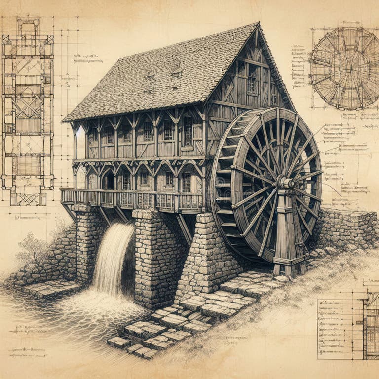 Stone-Based Watermill in Architectural Ink Draft Stock Illustration ...