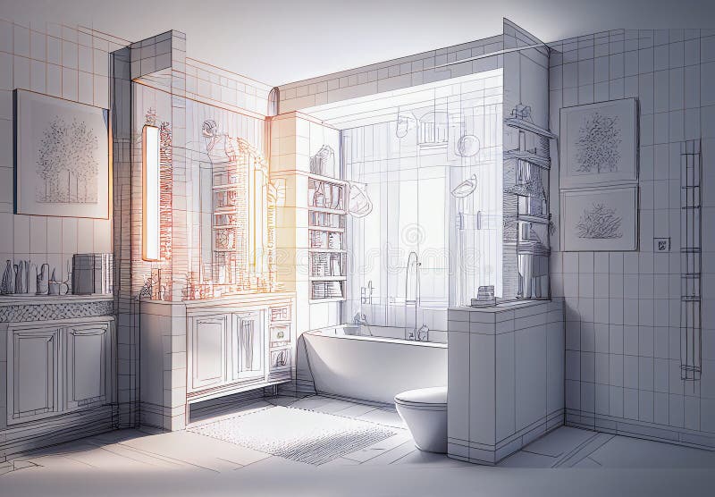 Architectural Rough Exploration Drawing of a Custom Bathroom Interior ...