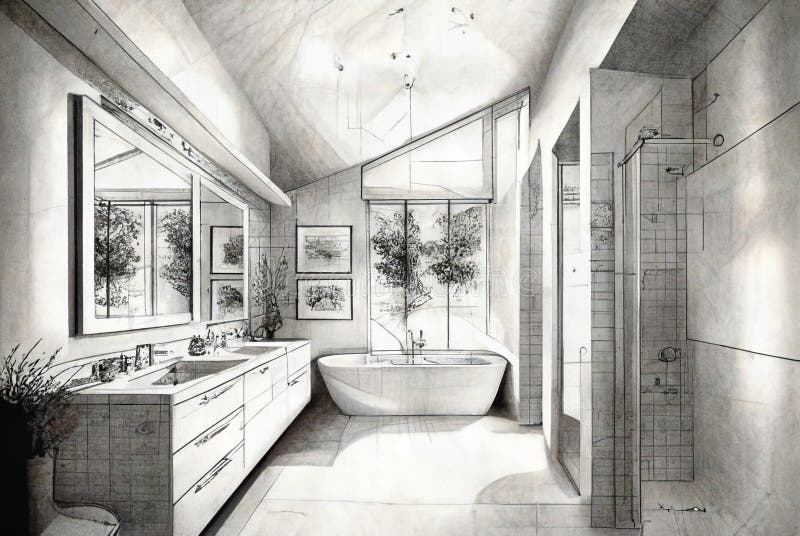 Architectural Rough Exploration Drawing of a Custom Bathroom Interior ...