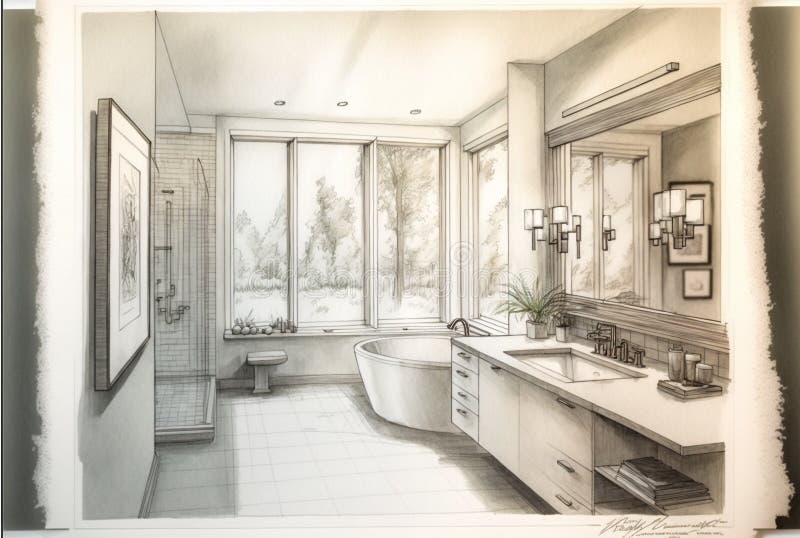 Architectural Rough Exploration Drawing of a Custom Bathroom Interior ...