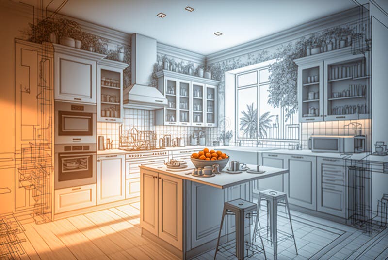 Architectural Rough Exploration Drawing of a Custom Kitchen Interior ...