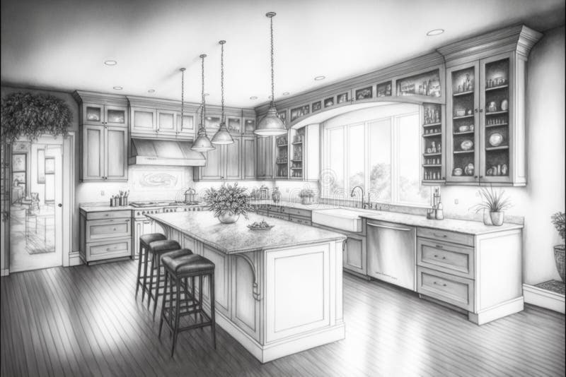 Architectural Rough Exploration Drawing of a Custom Kitchen Interior ...