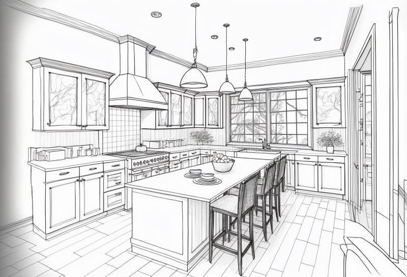 Architectural Rough Exploration Drawing of a Custom Kitchen Interior ...