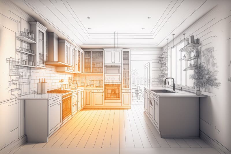 Architectural Rough Exploration Drawing of a Custom Kitchen Interior ...