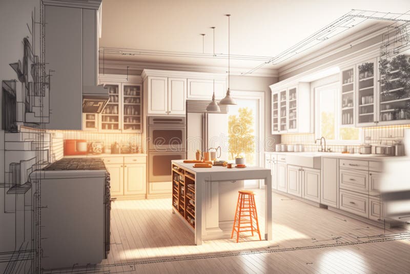 Architectural Rough Exploration Drawing of a Custom Kitchen Interior ...