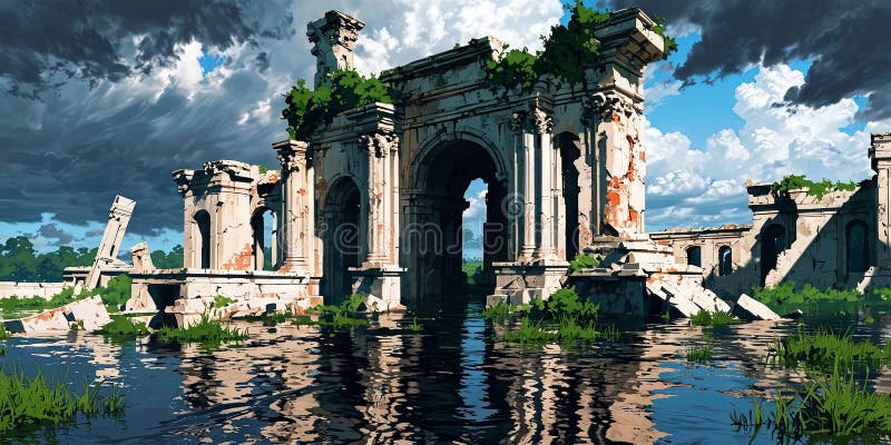 Architectural Ruins in a Flooded Apocalypse Landscape. Anime Style ...