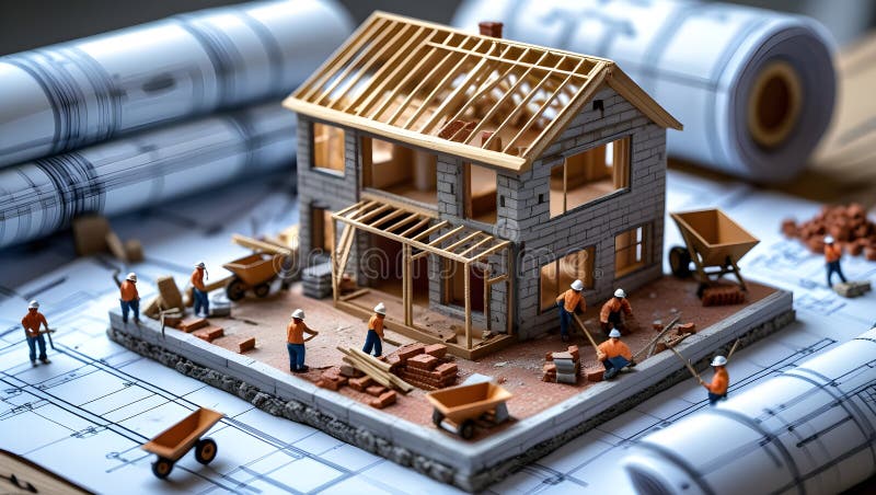 Architectural Scale Model of a House Under Construction with Blueprint ...