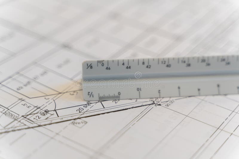 Architectural Scale Ruler with Paper Blueprints Plans for New Building ...