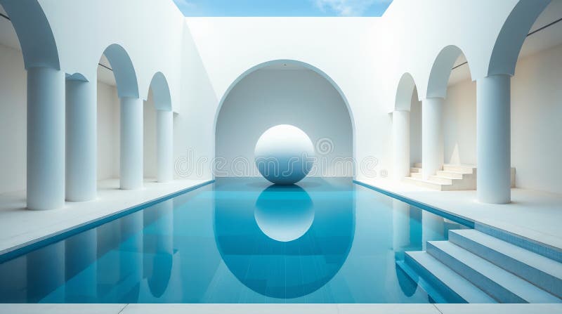 Architectural Scene with Swimming Pool, Sphere Shape and Arches. Calm ...