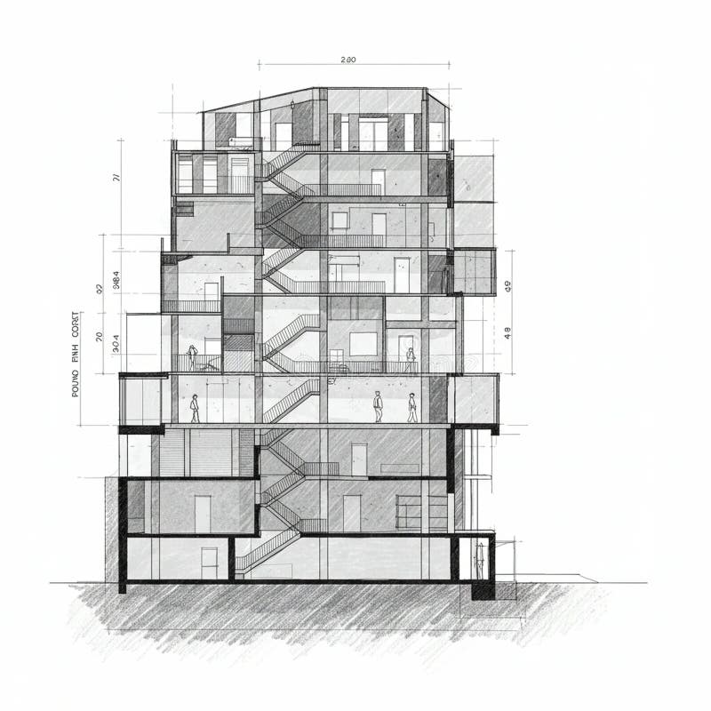 Architectural Section Drawing of a Multi-story Building Showcasing Interior Layout. the Stock ...