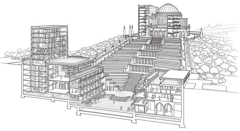 Architectural Sectional Drawing Depicting Multi-level Urban Design ...