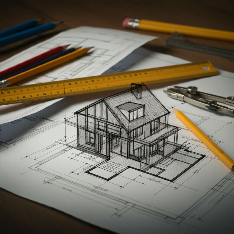 Architectural Setting with a 3D House Sketch Emerging from Blueprints ...