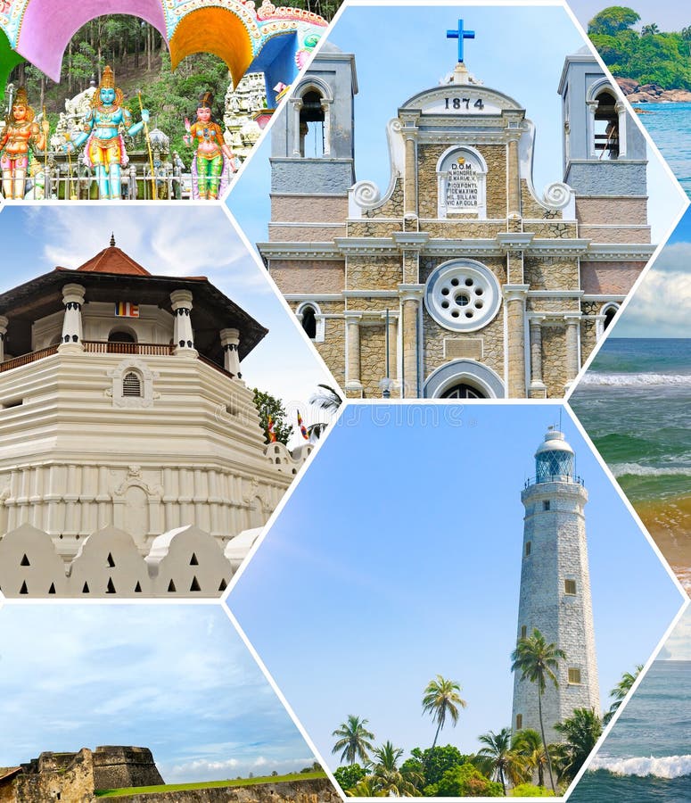 Architectural Sights of Sri Lanka: Lighthouse, Temples, Fort. Collage ...
