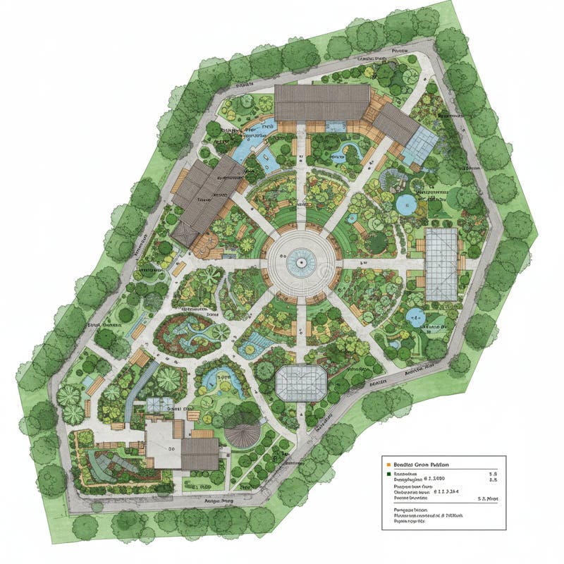 Architectural Site Plan for a Botanical Garden, Featuring a Central ...