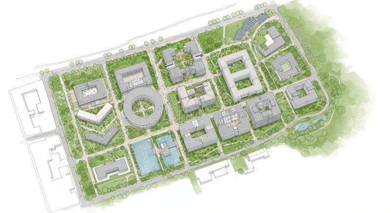 Architectural Site Plan Featuring a Complex Layout of Buildings in ...