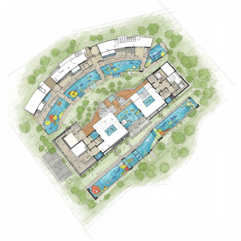 Architectural Site Plan Featuring a Curved, Multi-level Building ...