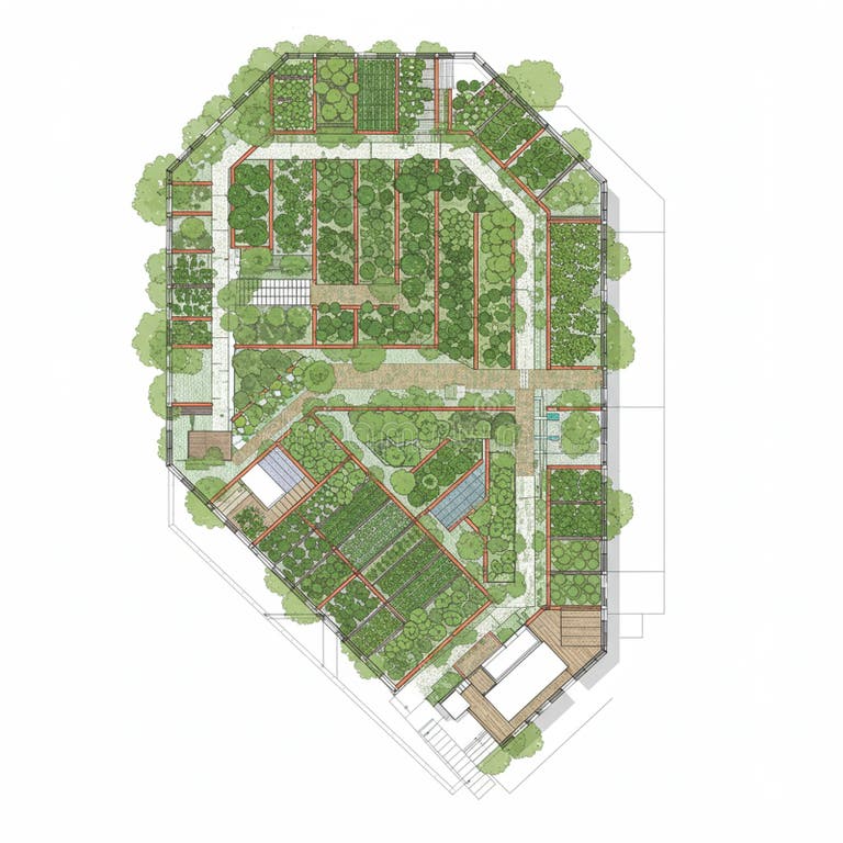 Architectural Site Plan Featuring a Geometric Layout of Garden Plots ...