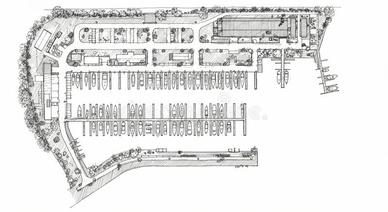 Architectural Site Plan of a Marina Features a Dock Area with Multiple ...