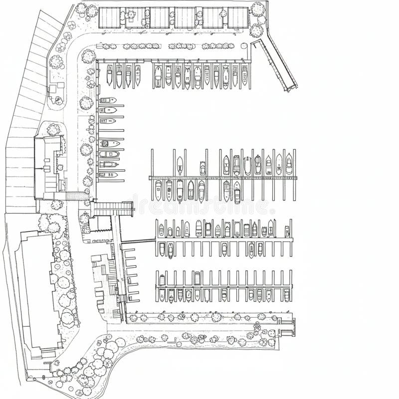 Architectural Site Plan of a Marina Featuring Boat Docks, Each with ...