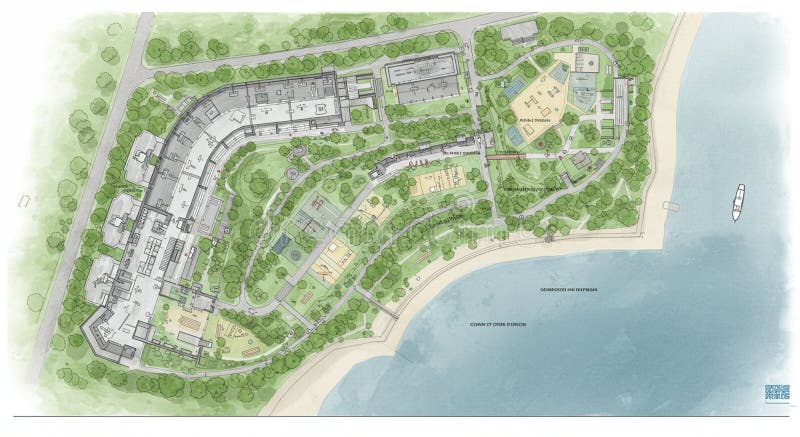 Architectural Site Plan Showing a Coastal Development with Buildings ...